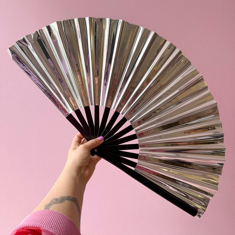 Giant Shiny Metallic Hand Fan With Black Bamboo Handle – Esoteric Dreamland